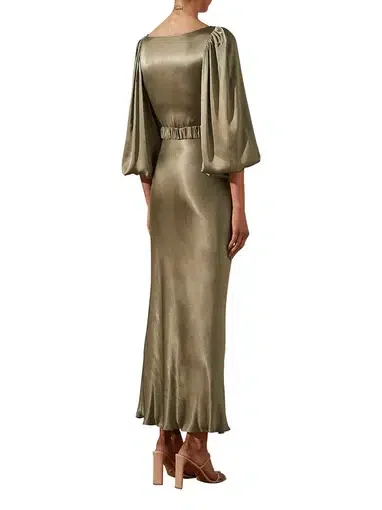 Shona Joy La Lune Balloon Sleeve Midi Dress With Belt in Moss Size 6 / XS