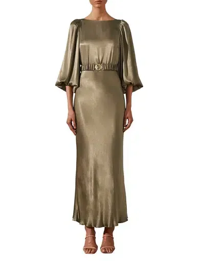 Shona Joy La Lune Balloon Sleeve Midi Dress With Belt in Moss Size 6 / XS