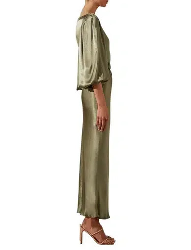 Shona Joy La Lune Balloon Sleeve Midi Dress With Belt in Moss Size 6 / XS